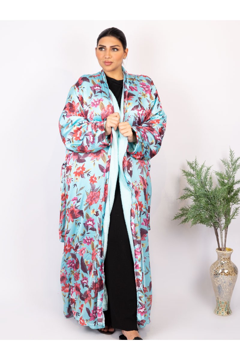 Fur lined satin robe with tie belt