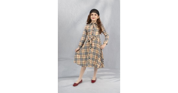 Girls' checkered dress with a collar, front buttons, and a tie at the ...