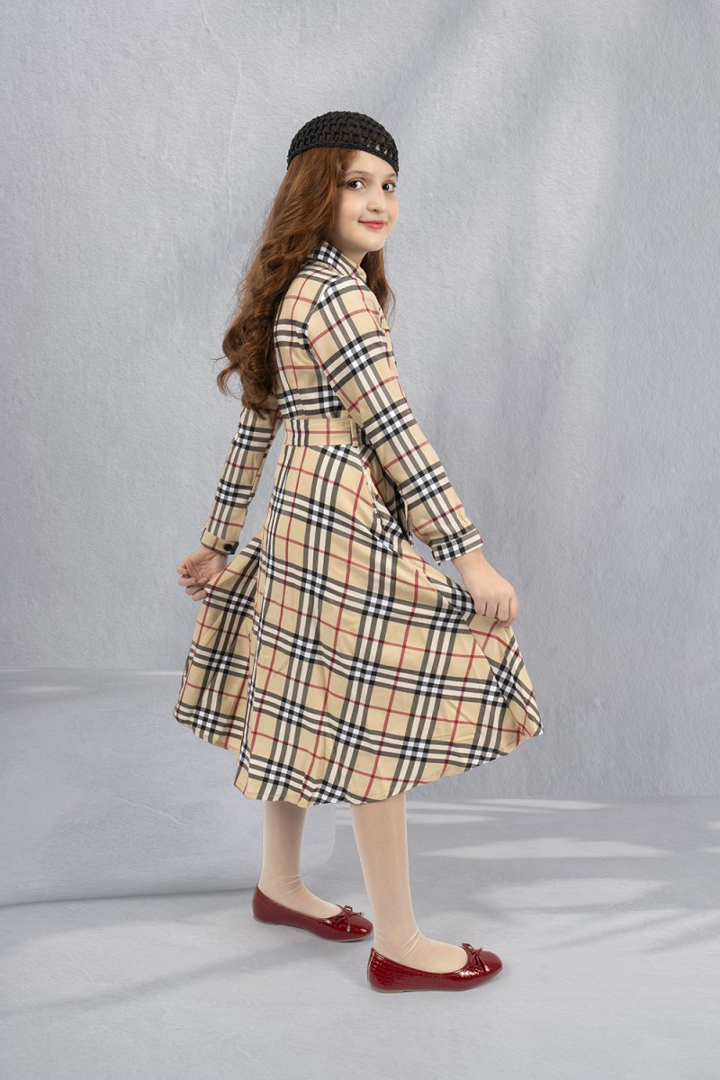 Girls' checkered dress with a collar, front buttons, and a tie at the ...
