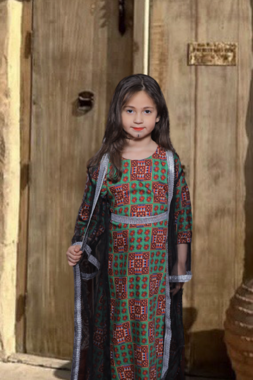 Girls' traditional jalabiya, 3 pieces, with drawings and geometric ...