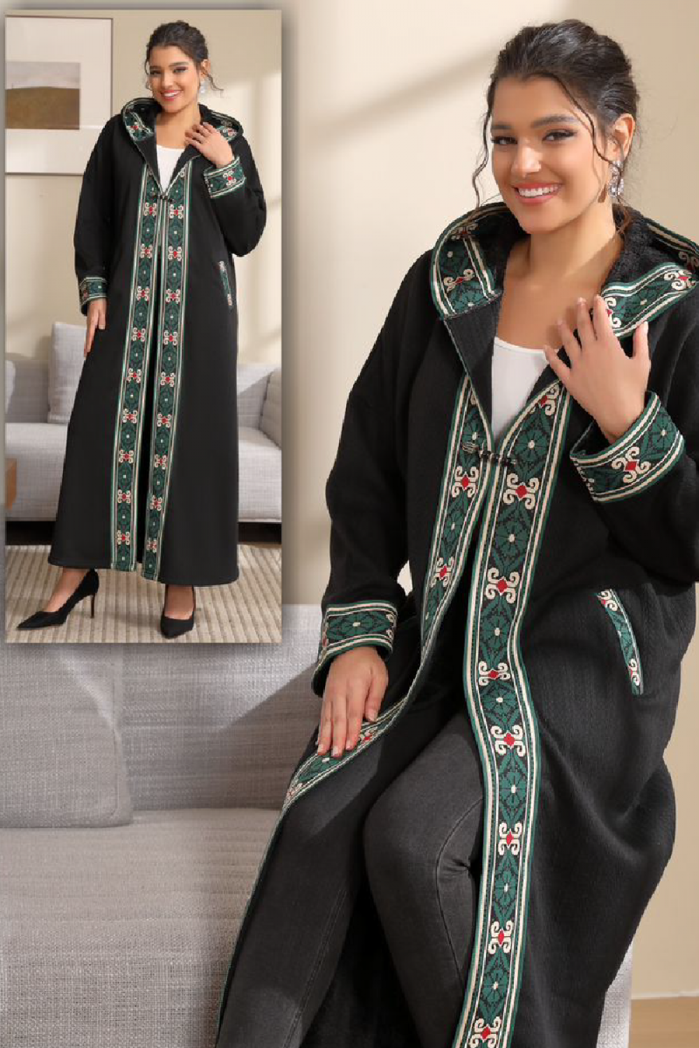 An elegant Turkish women's winter abaya open at the front with a ...
