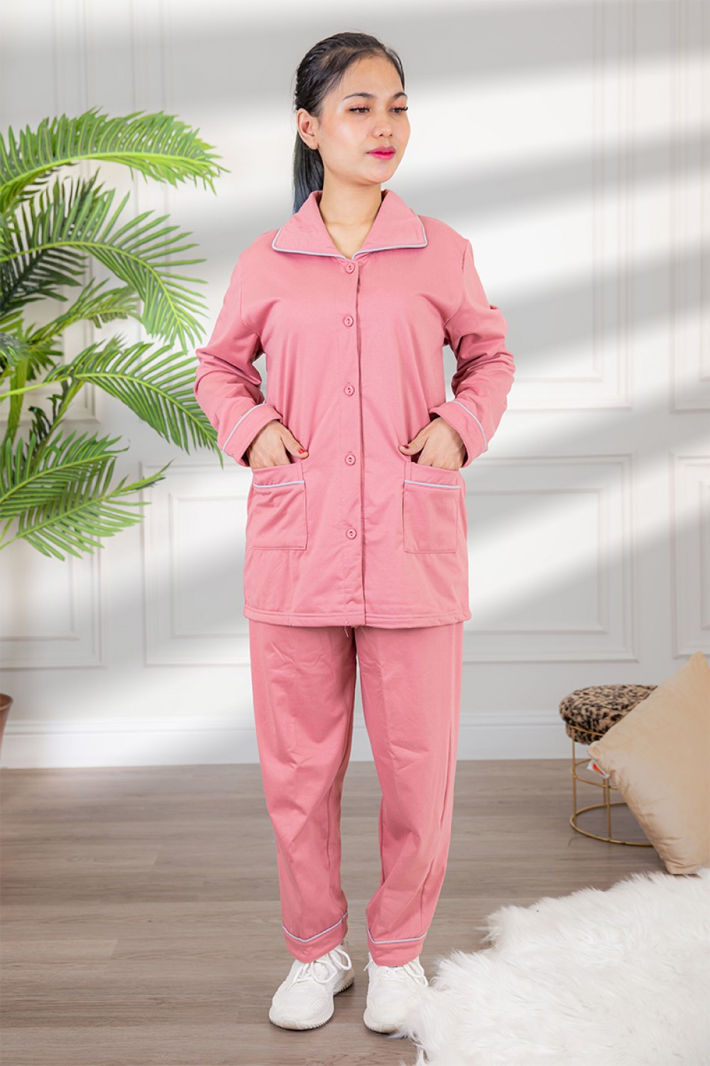 Two-piece plain pink work uniform with long sleeves, front button ...