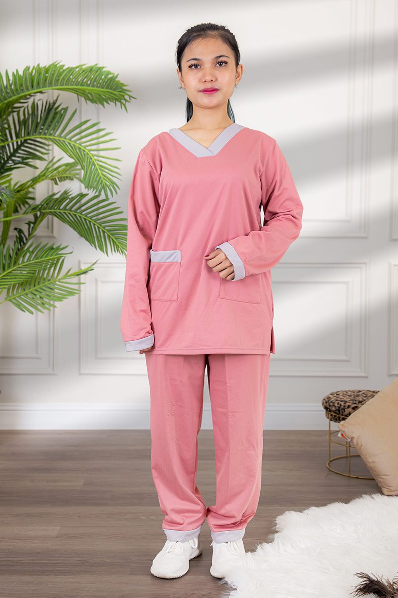 Two-piece plain pink work uniform with long sleeves, front button ...