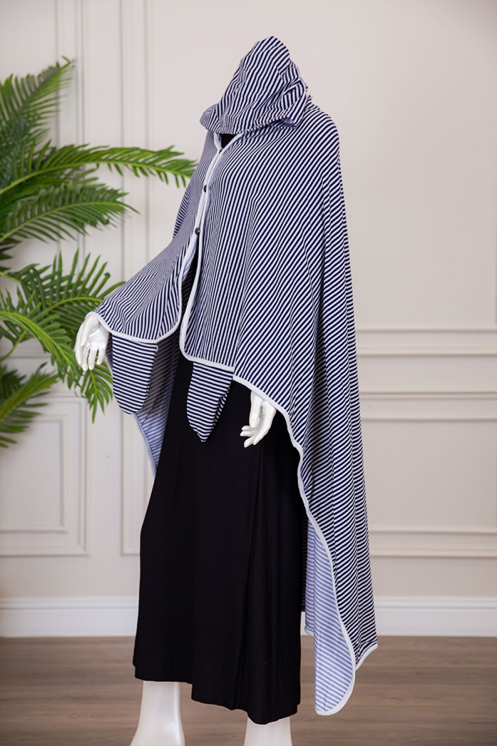 Women's long winter shawl, striped in navy blue, with an attached hat ...